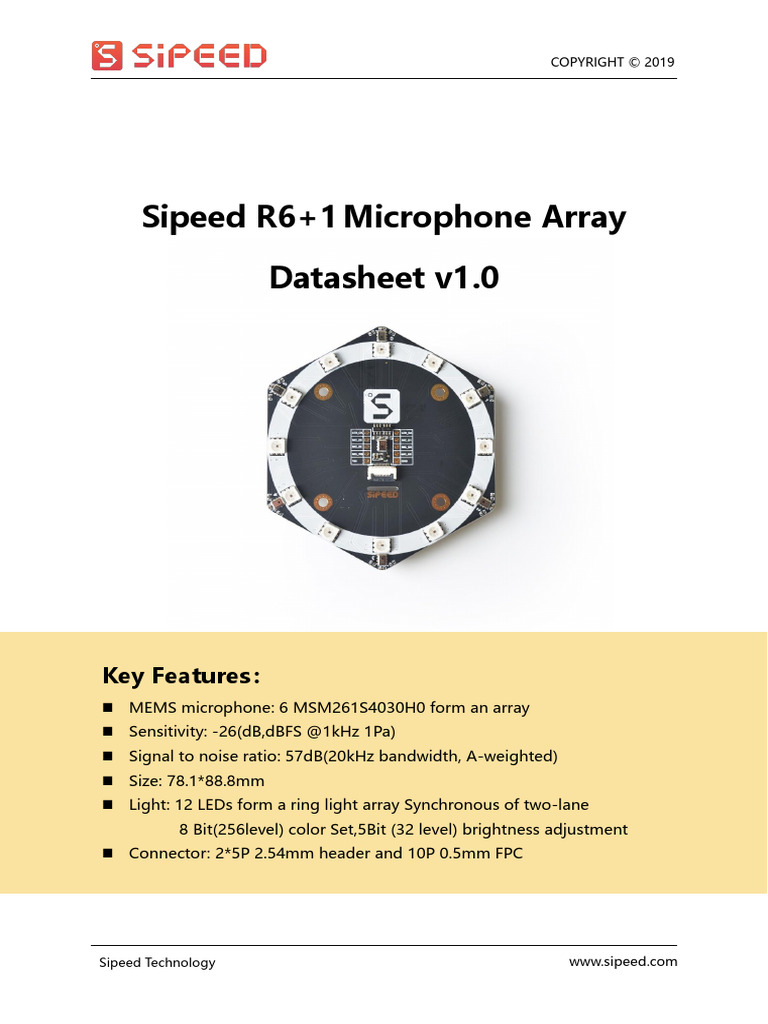 Sipeed R6 1 Microphone Array Datasheet V1.0 | PDF | Microphone | Decibel