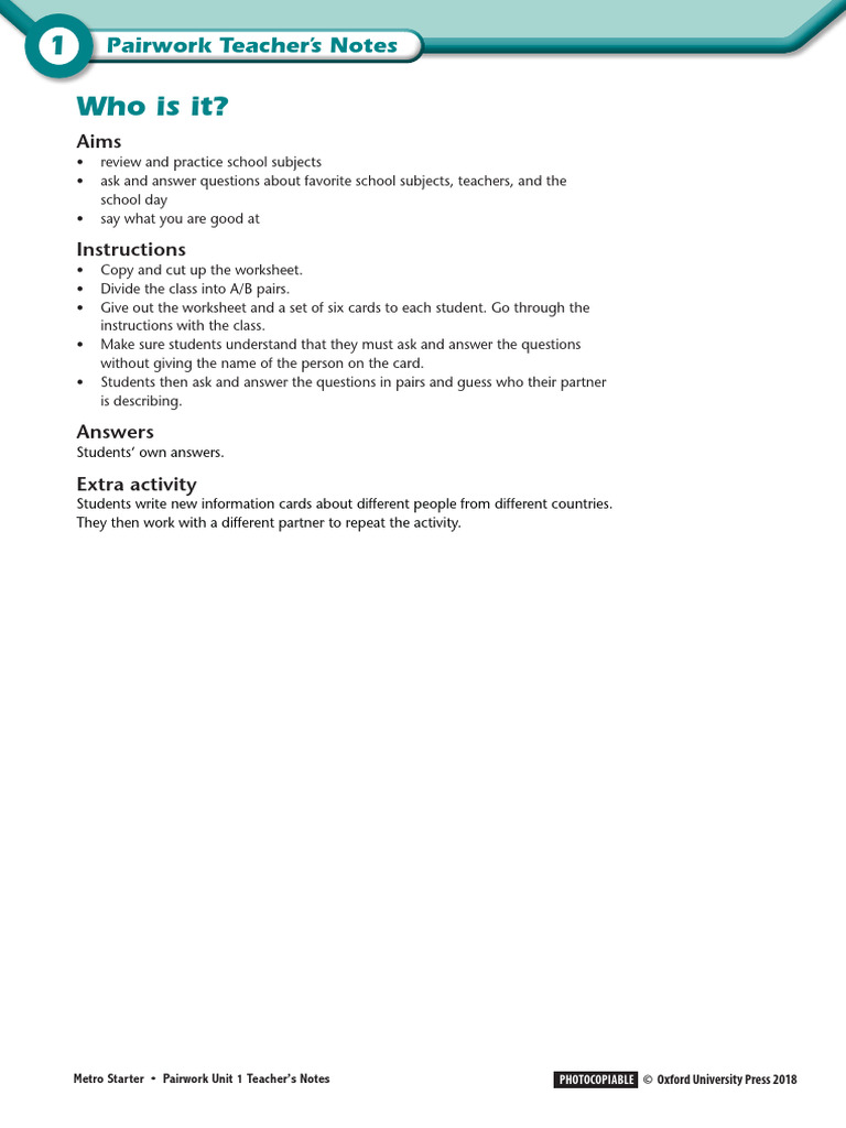 Metro Starter Pairwork Worksheets | PDF | Meal | Lunch