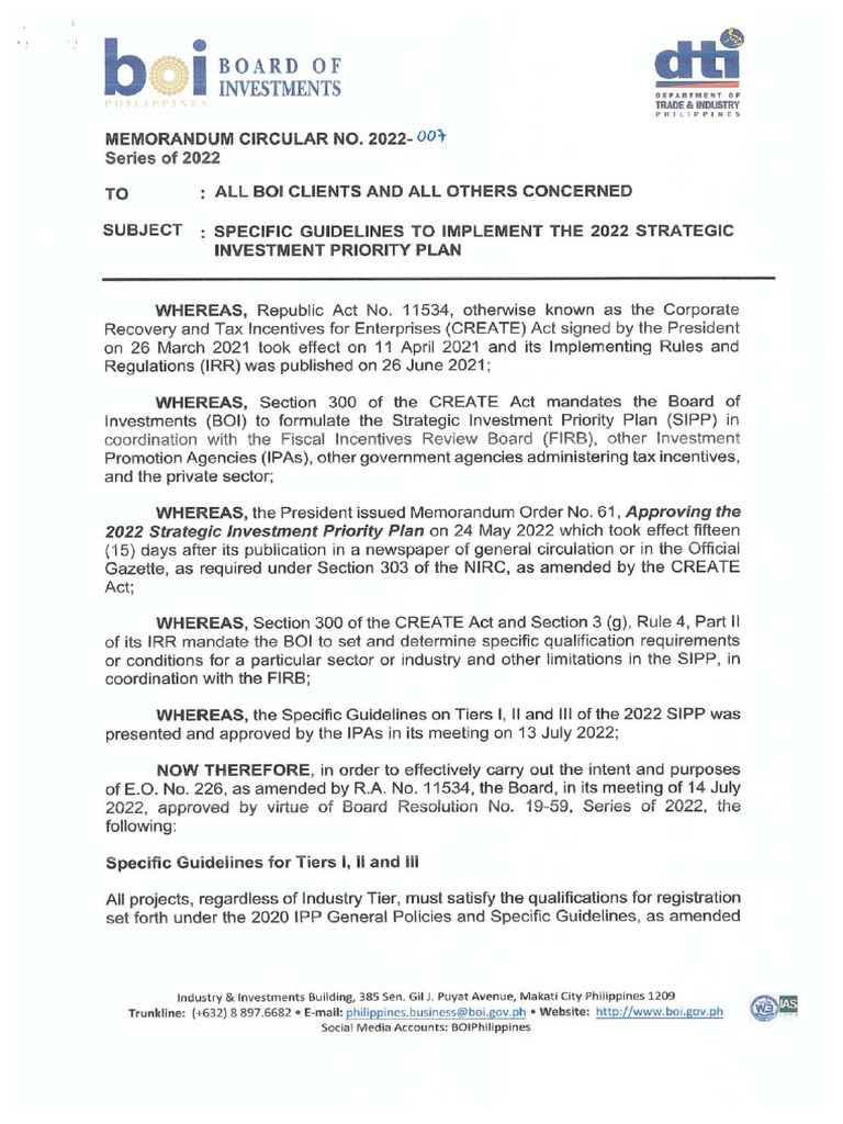 Memo Circular No. 2022-007 Specific Guidelines To Implement The 2022 SIPP - 1663048050 | PDF