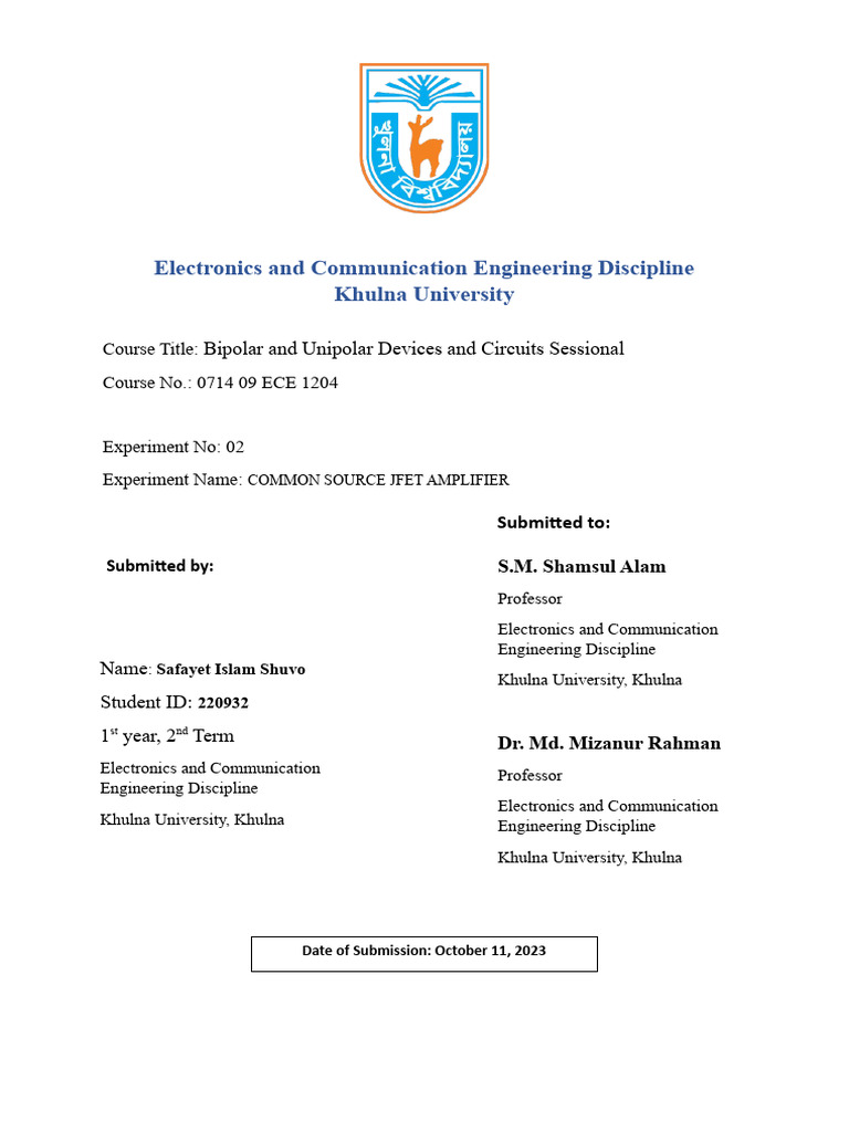 ECE 1204 (Section B) Lab Expt 02 | PDF | Amplifier | Field Effect ...