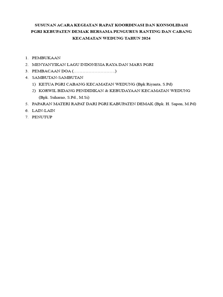 Susunan Acara Kegiatan Rapat Koordinasi Dan Konsolidas1 Pdf