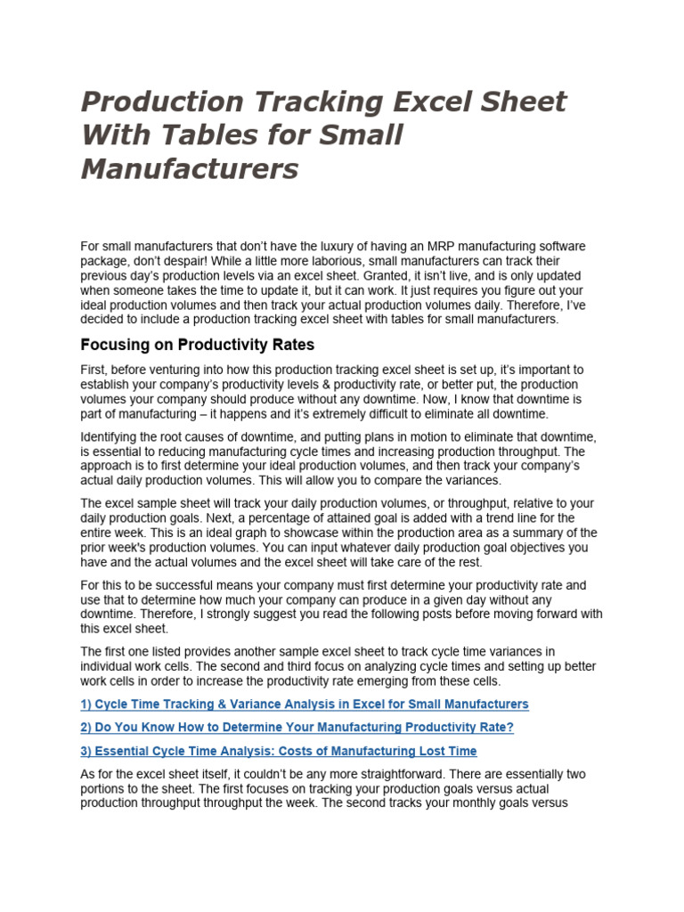 Production Tracking Excel Sheet With Tables For Small Manufacturers | PDF