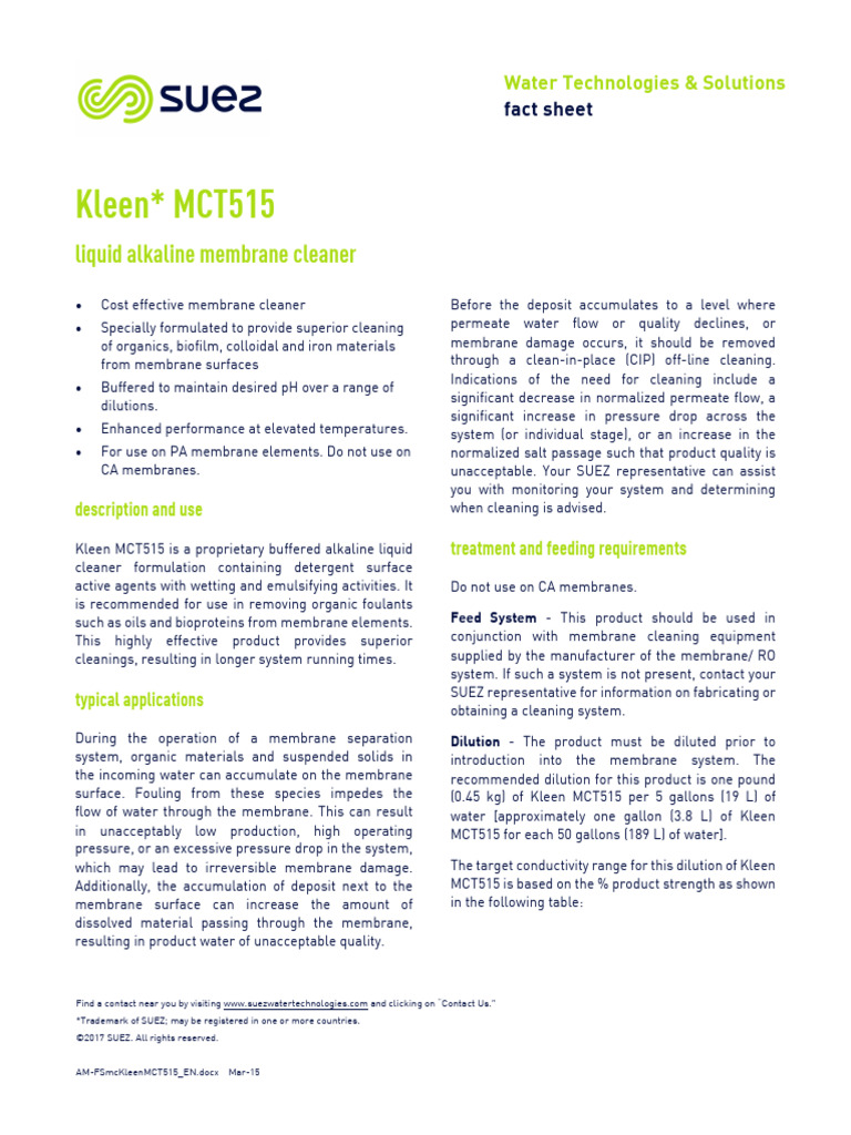 Kleen MCT515 - PFS-Suez | PDF | Membrane | Water