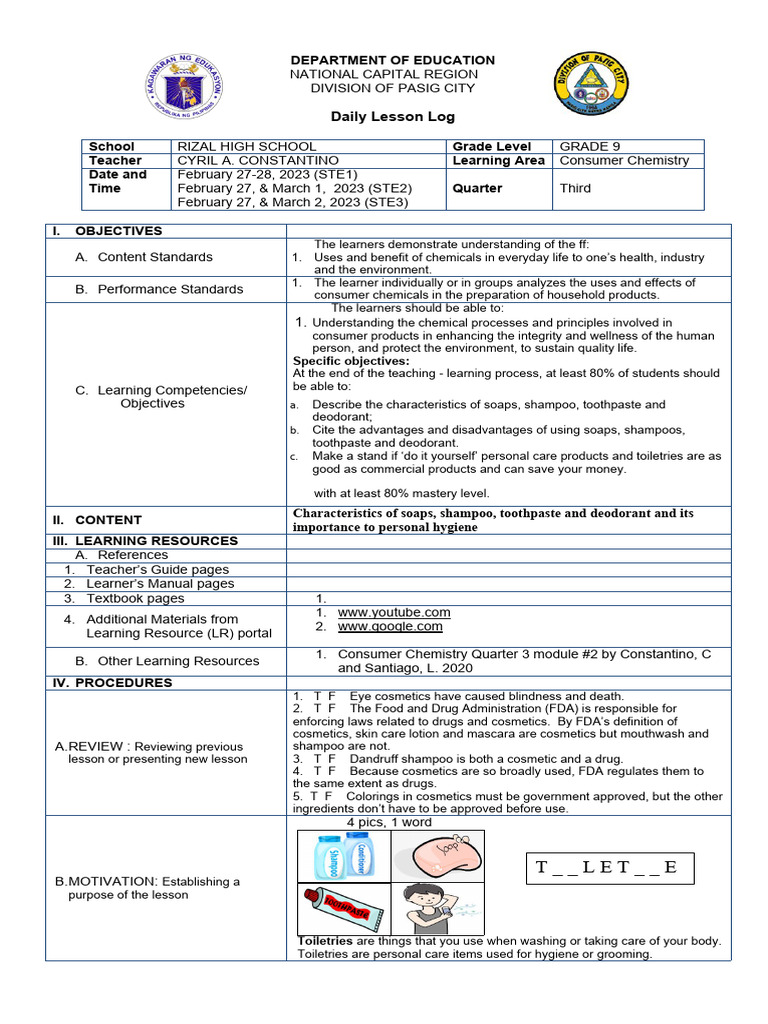 Grade 9 Consumer Chemistry Lesson Plan | PDF | Career & Growth | Social ...