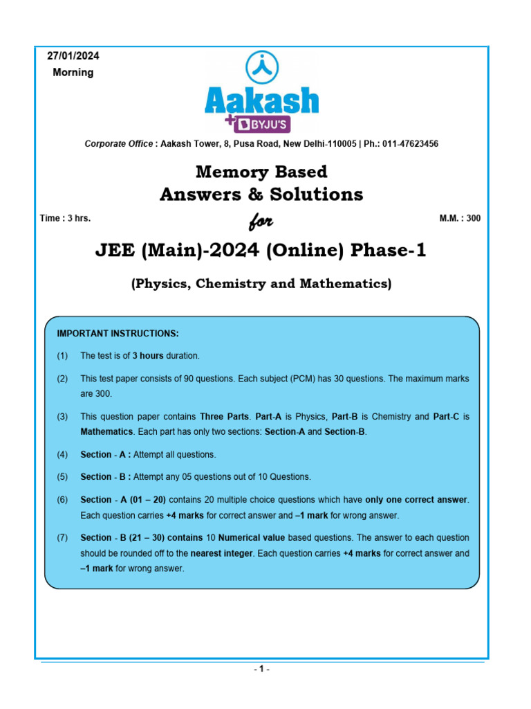 Ans and Sol JEE Main 2024 Ph 1-27-01 2024 Shift 1 Morning | PDF | Momentum | Torque