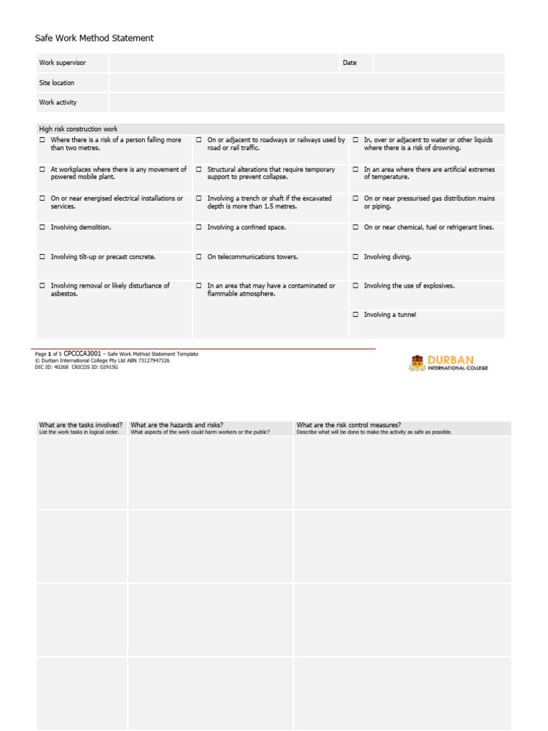 Task 3.1 Safe Work Method Statement Template 2 | PDF