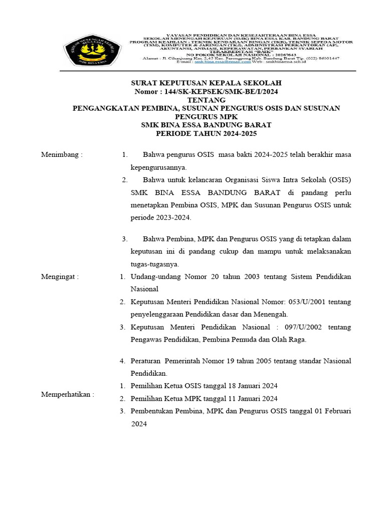SK - Pembina - Dan - Pengurus - Osis 2022-2023 | PDF