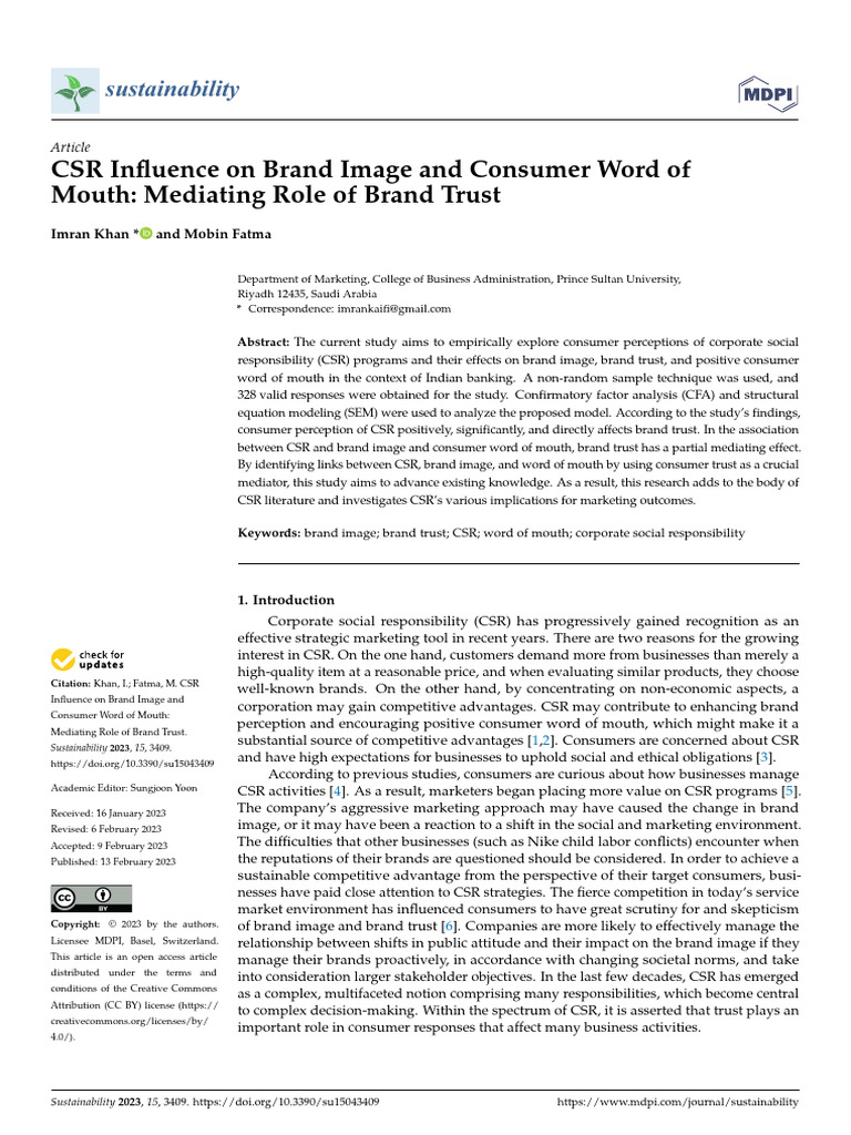 CSR Influence On Brand Image and Consumer Word of Mouth Mediating Role ...