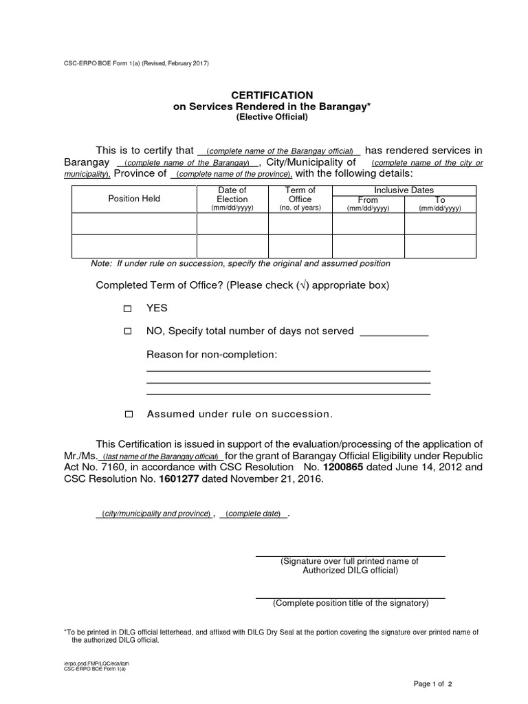 DILG Certification For Elective Officials Rev Feb 2017 | PDF | Government