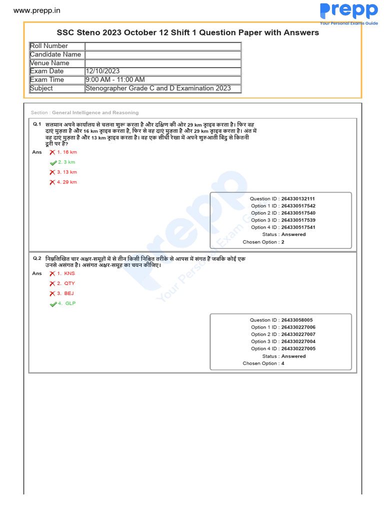 SSC Steno 2023 October 12 Shift 1 Question Paper With Answers Hindi | PDF