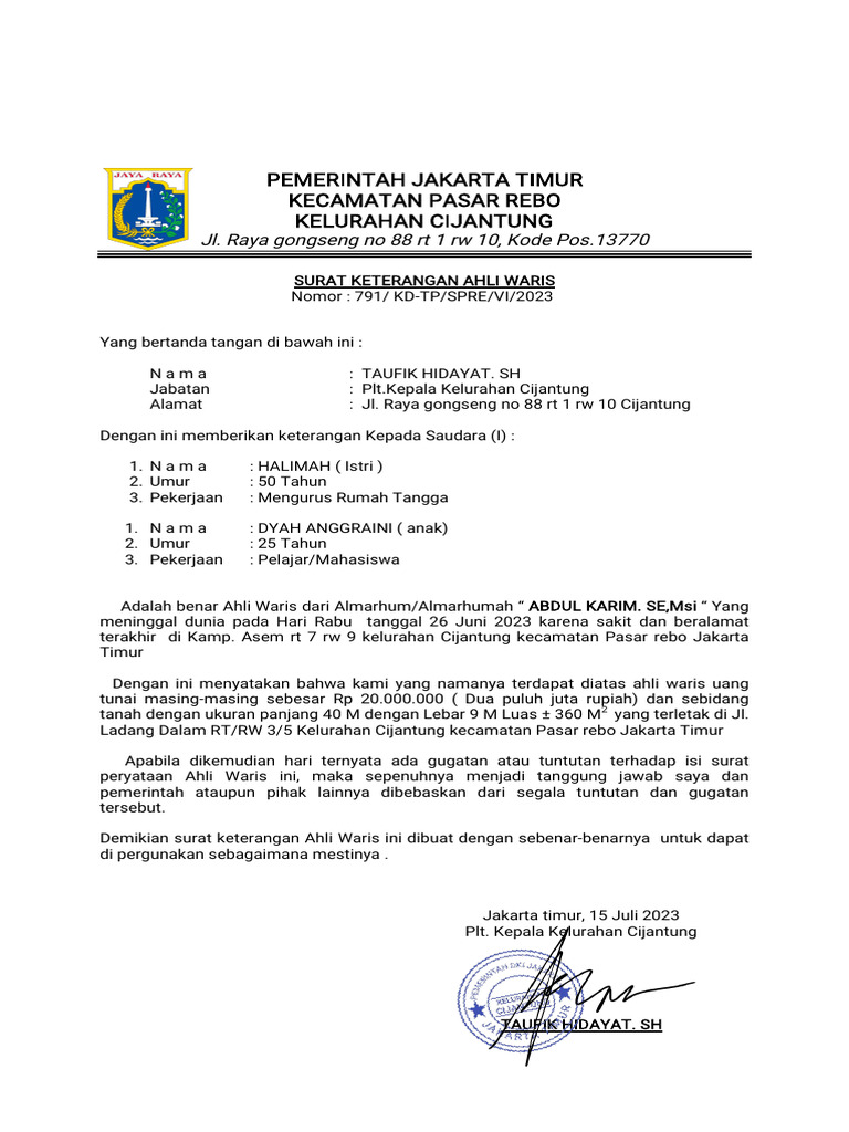 Surat Keterangan Ahli Waris Dyah Anggraini | PDF