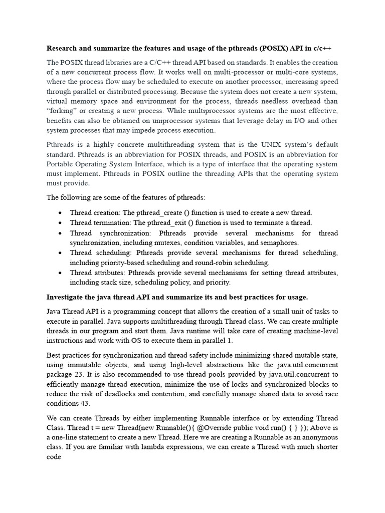 Research and Summarize The Features and Usage of The Pthreads | PDF | Thread (Computing ...