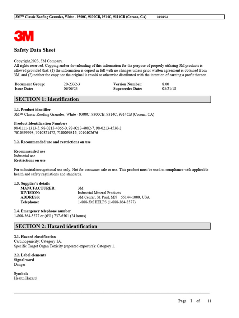 3M™ Classic Roofing Granules, White - 9300C | PDF | Toxicity | Silicon ...