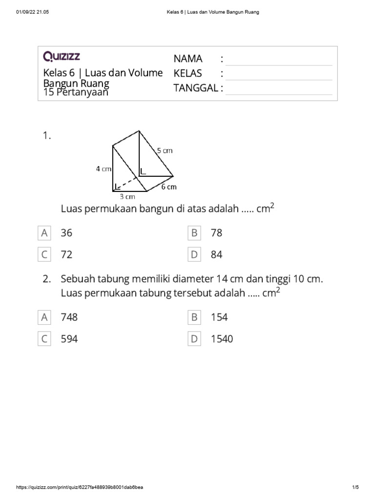 Kelas 6 - Luas Dan Volume Bangun Ruang | PDF