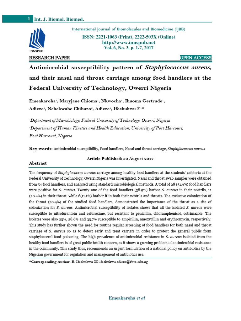Antimicrobial Susceptibility Pattern of Staphylococcus Aureus, and ...