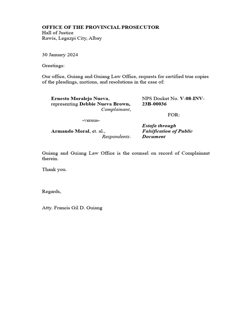 Request Letter To Office of The Provincial Prosecutor | PDF