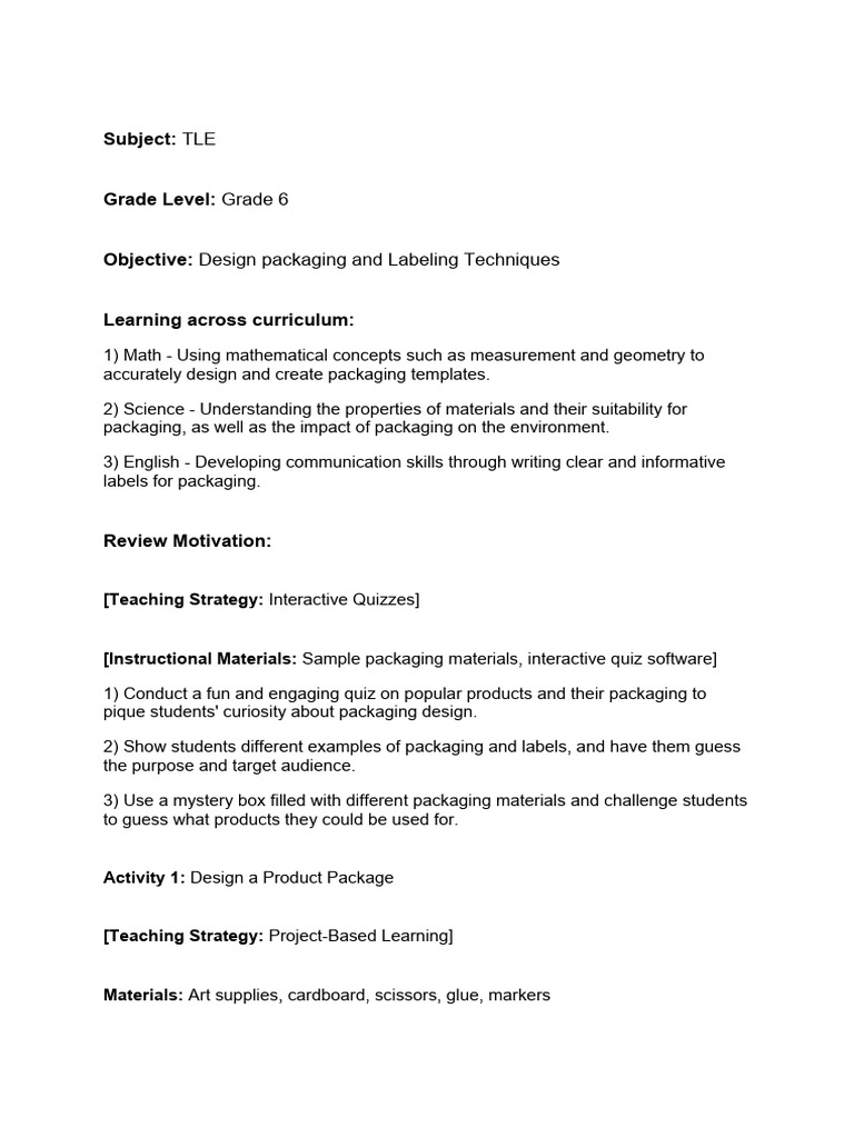 Lesson - Plan TLE 6 - Packaging and Labeling Technique | PDF ...