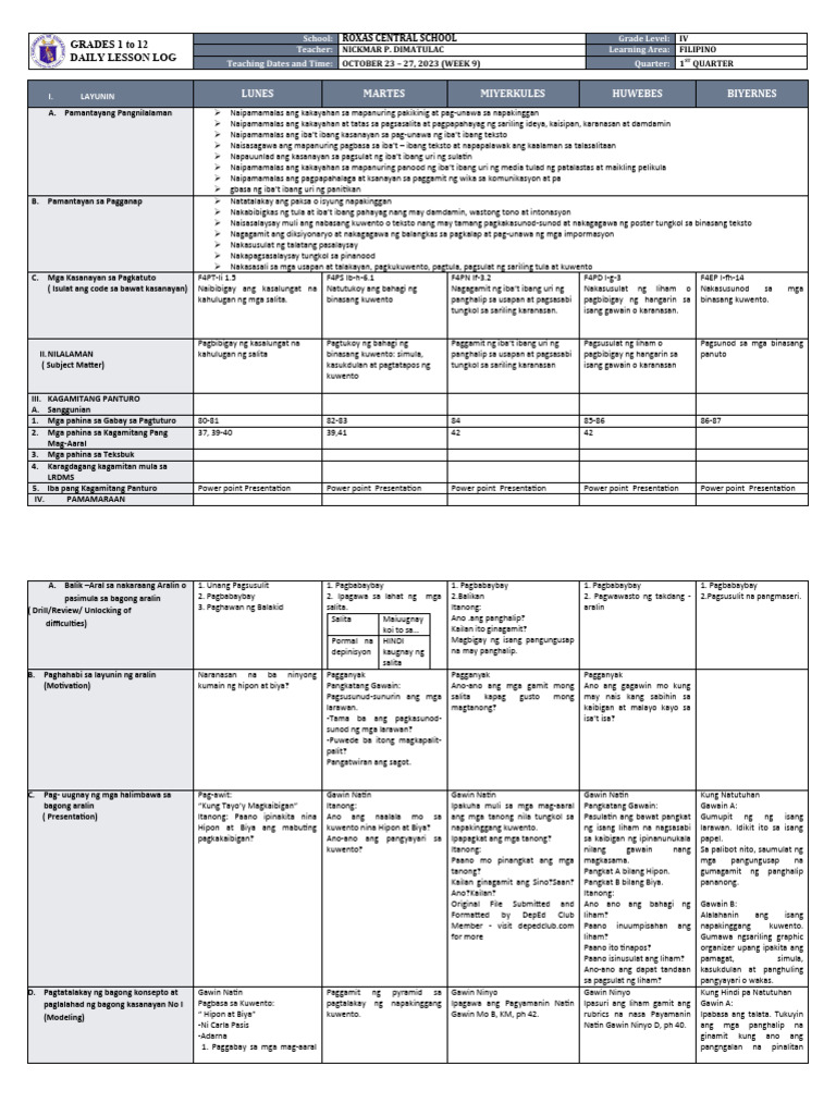 DLL Filipino 4 q1 w9 | PDF