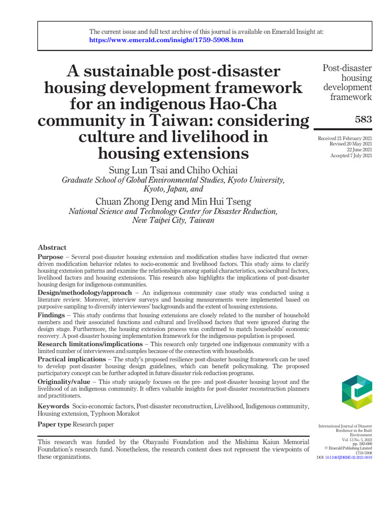 A Sustainable Post-Disaster Housing Development Framework For An Indigenous Hao-Cha Community in ...
