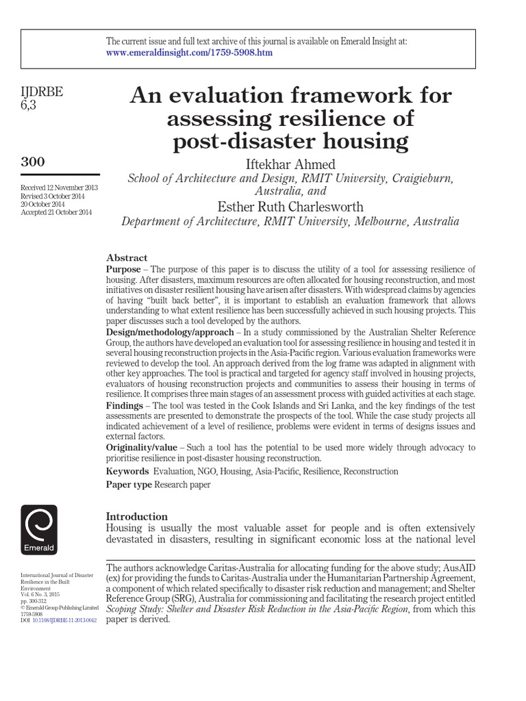 An Evaluation Framework For Assessing Resilience of Post-Disaster ...