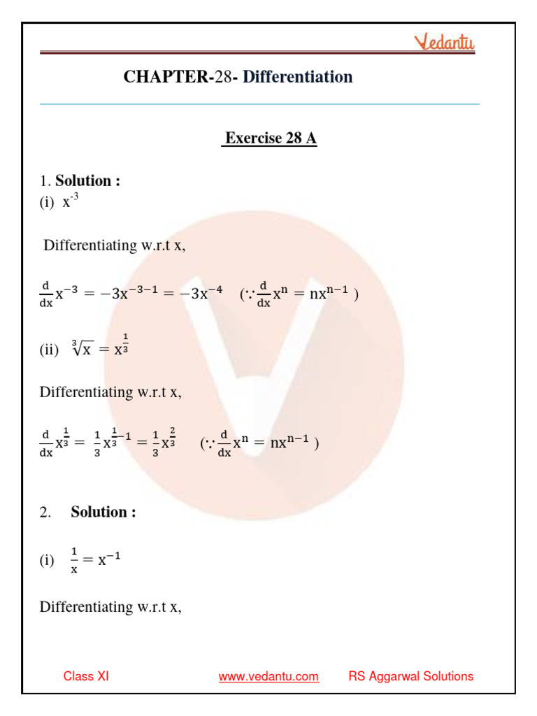 RS Aggarwal Class 11 Solutions Chapter-28 Differentiation | PDF