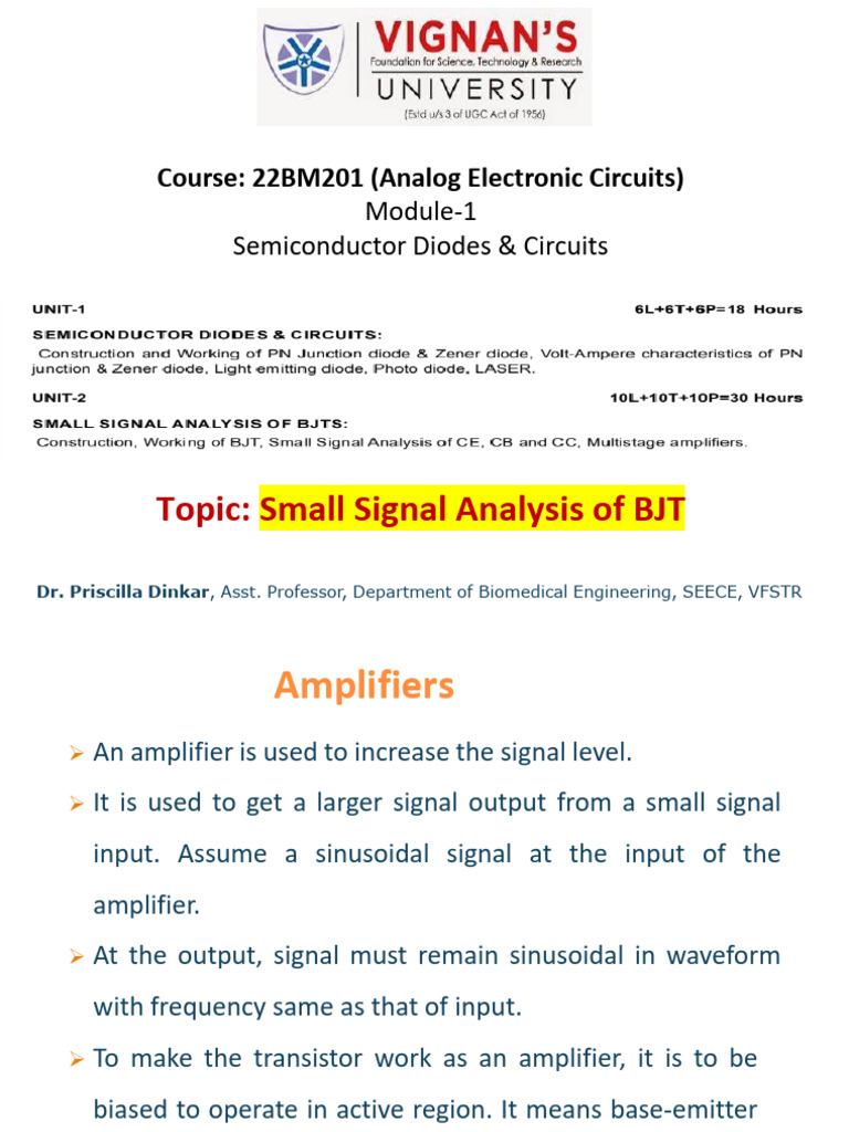 VFSTR - 22BM201 - M1 - U2 - Small Signal Analysis of BJT | PDF ...