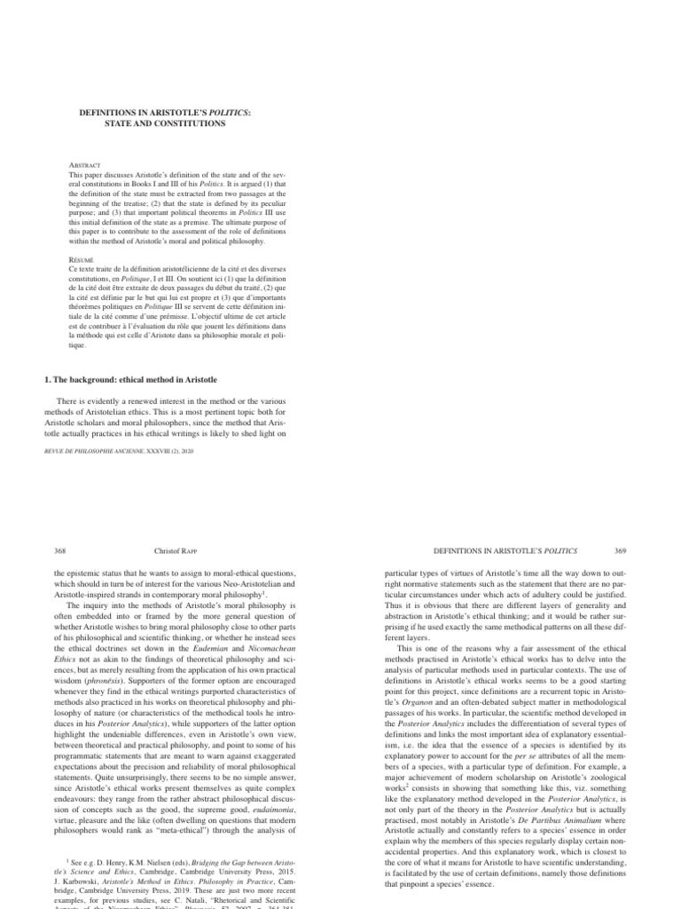 Definition in Aristotles Politics (Por: Christof Rapp) | PDF ...