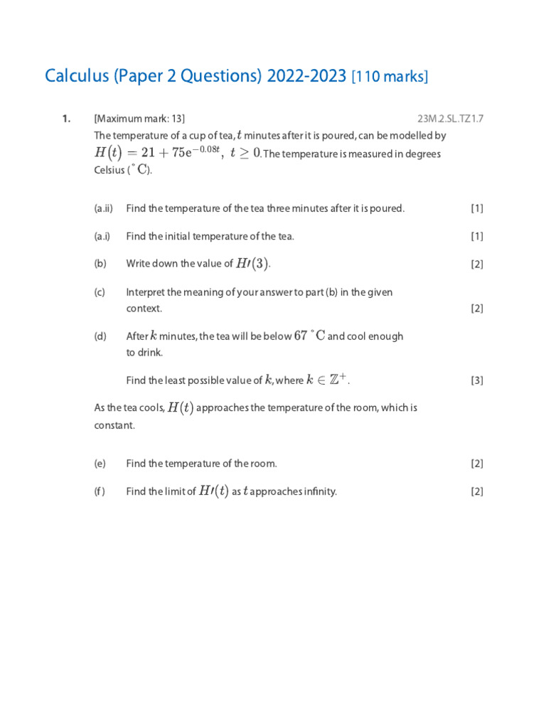 Calculus Paper 2 Questions 2022-2023 | PDF