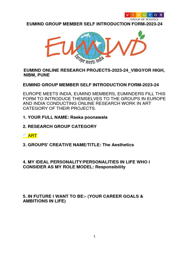 Self Intro Form-Raeka Poonawala | PDF | Career & Growth