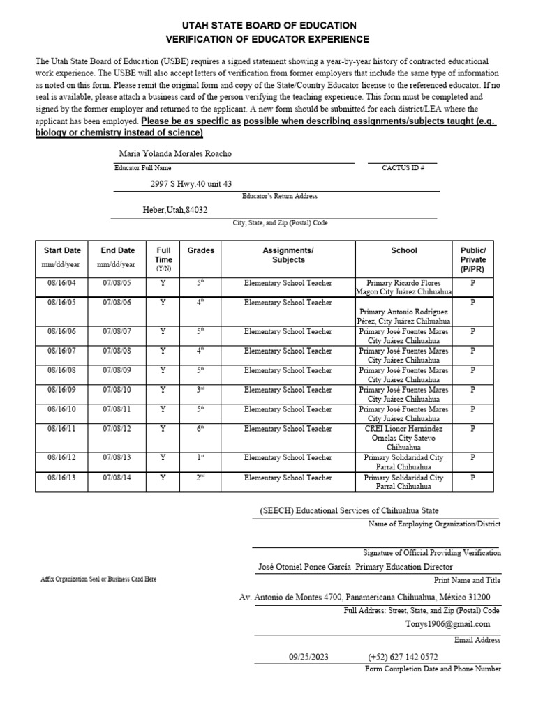 Be As Specific As Possible When Describing Assignments/subjects Taught ...