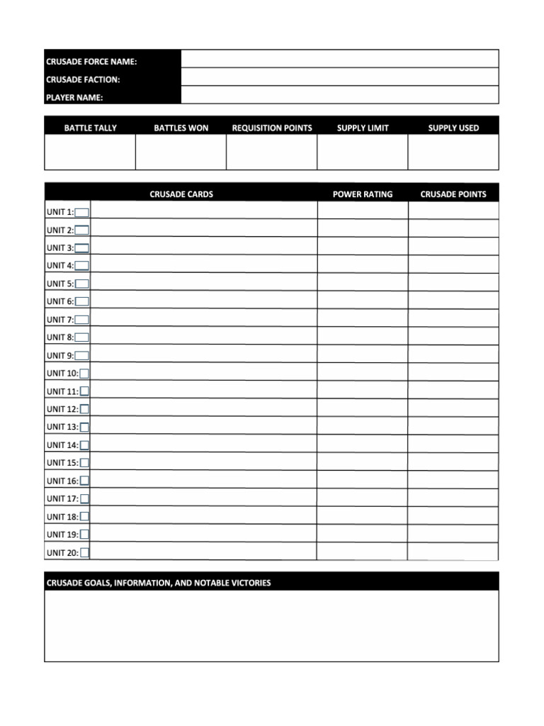 Crusade Sheet - Template Blank | PDF