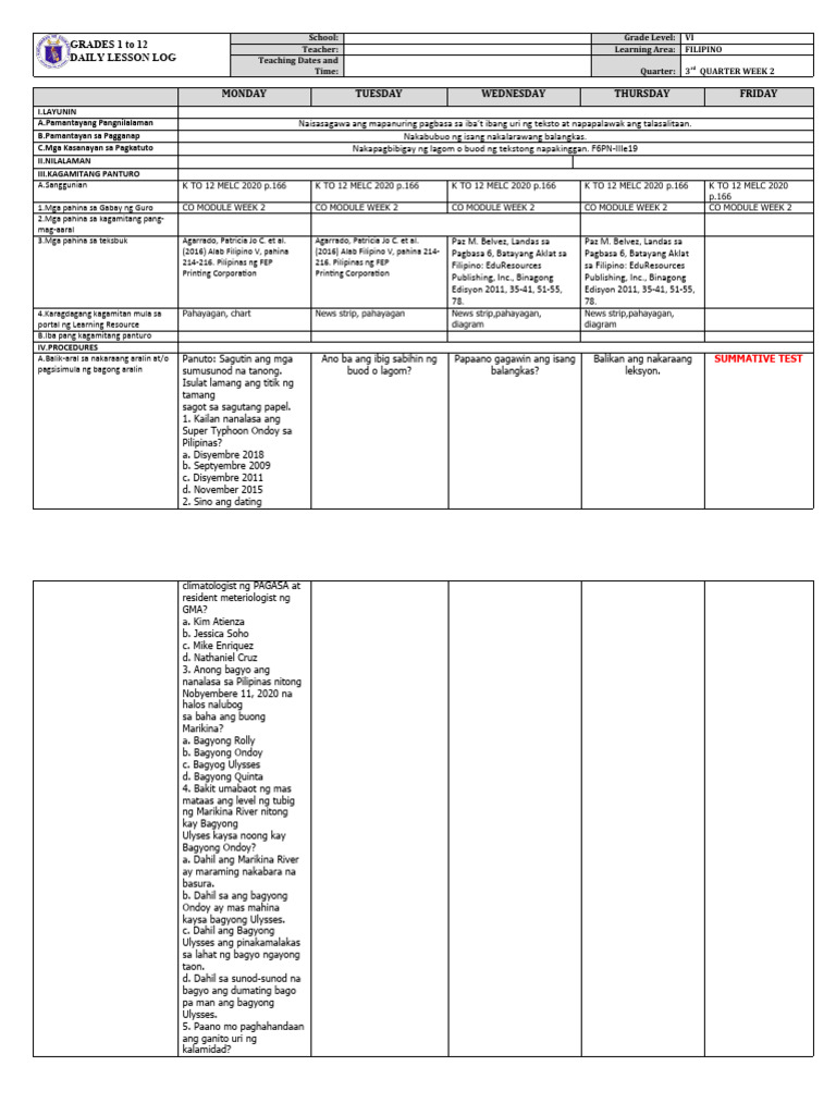 DLL - Filipino 6 - Q3 - W2 | PDF