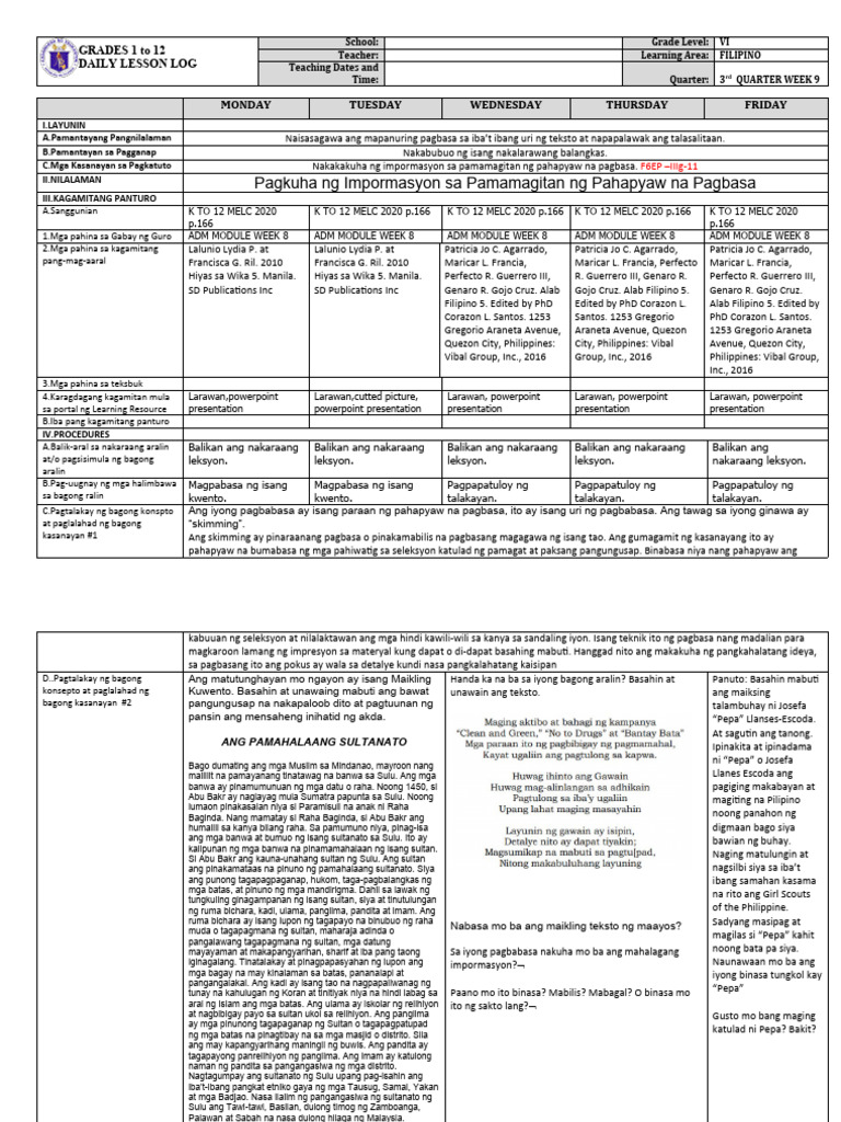 DLL - Filipino 6 - Q3 - W9 | PDF