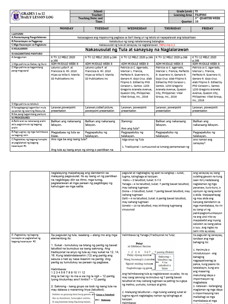 DLL - Filipino 6 - Q3 - W10 | PDF
