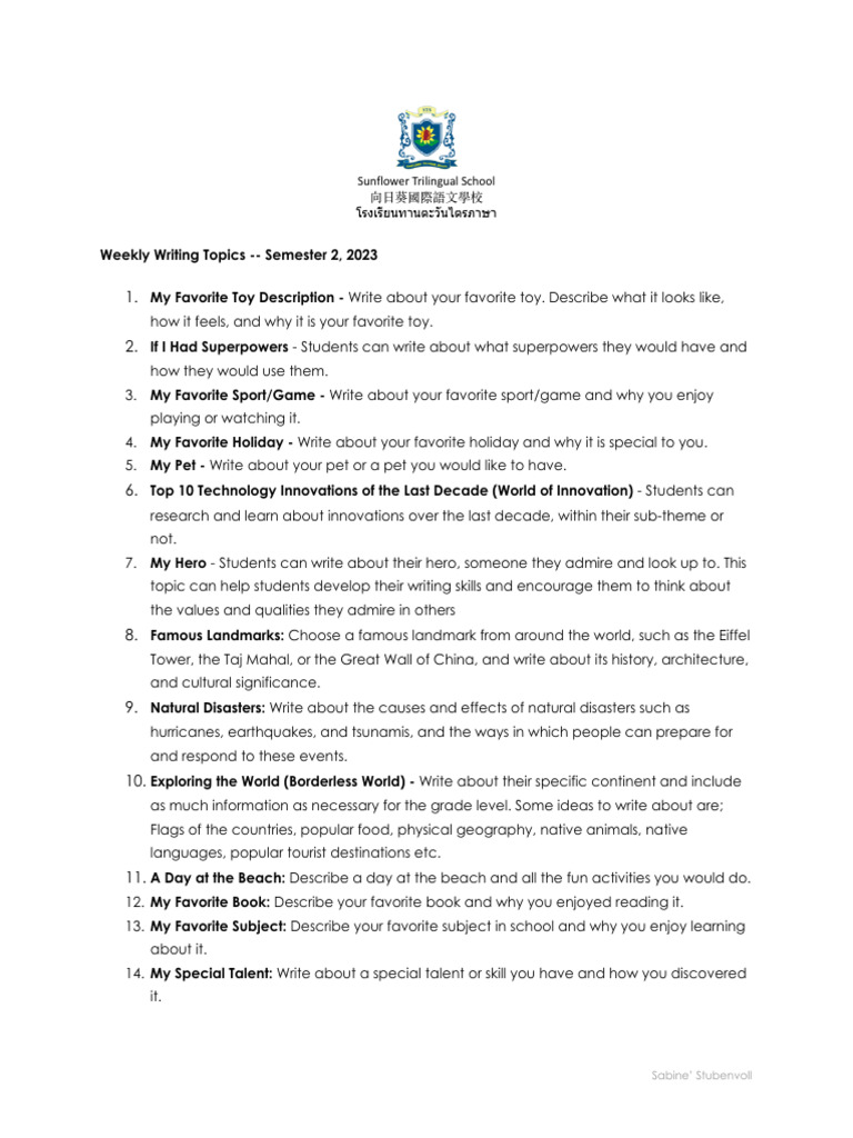 Writing Topics Grade 1-12 | PDF