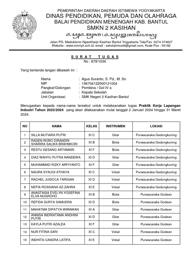 Surat Tugas Siswa PKL 2024 | PDF