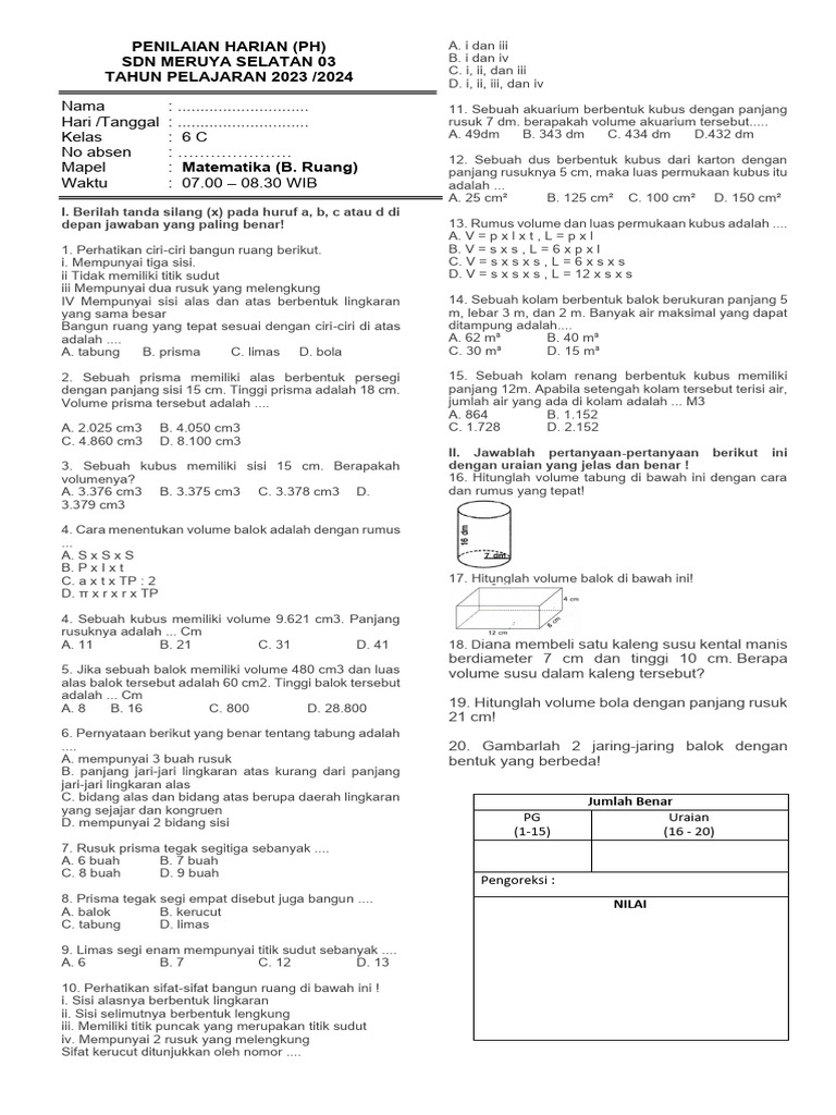 SOAL PH TEMA 6 KELAS 6 - MTK - Bangun Ruang - 1 | PDF