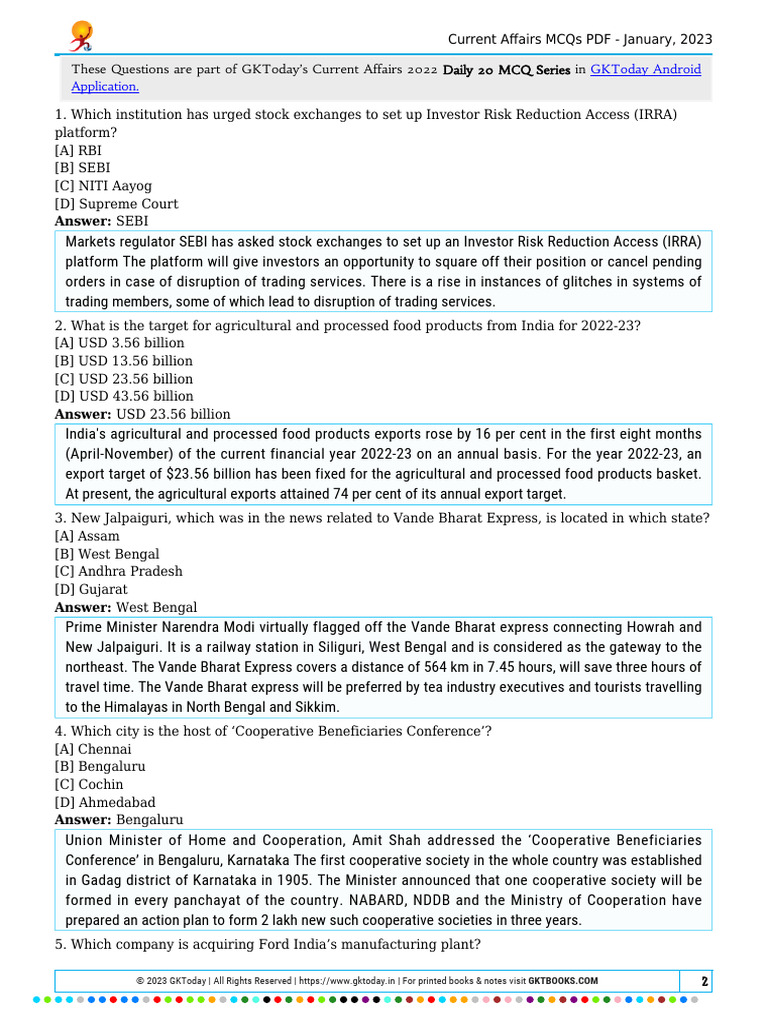 GK Today MCQs January To December 2023 @all - Newspaper - Pdfs | PDF