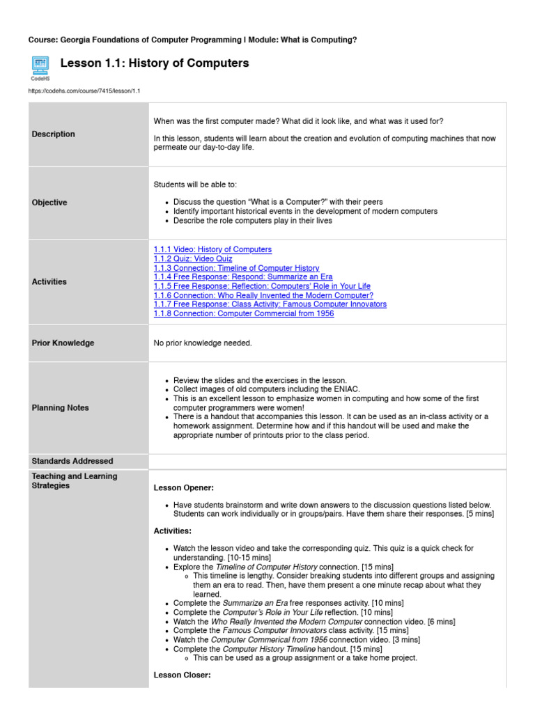 Curriculum Guide History of Computer | PDF | Calculator | Computer Program
