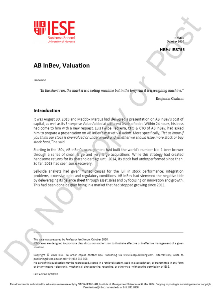 AB InBev, Valuation | PDF | Free Cash Flow | Business Economics