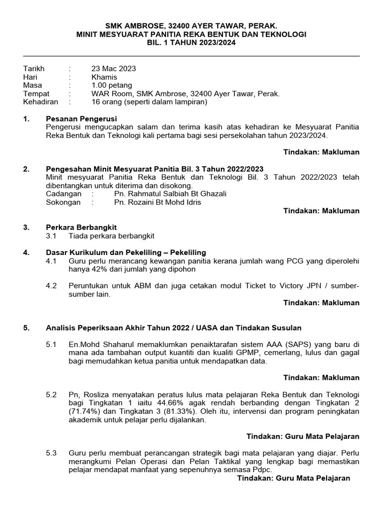 Minit Mesyuarat Panitia RBT Kali 1 2023 | PDF