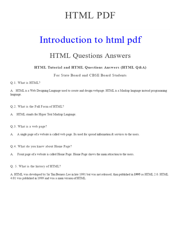 Introduction To HTML PDF Download TechCBSE | PDF | Html Element | Html