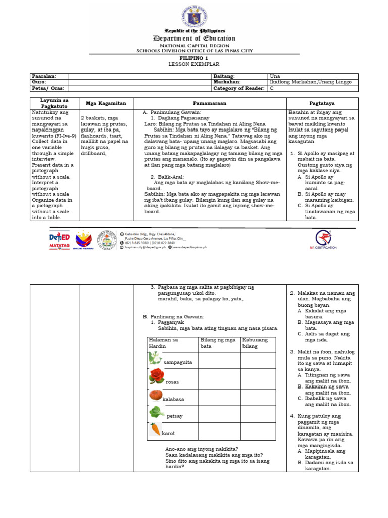 Filipino-Gr1-W1-GR-Lesson Exemplar | PDF