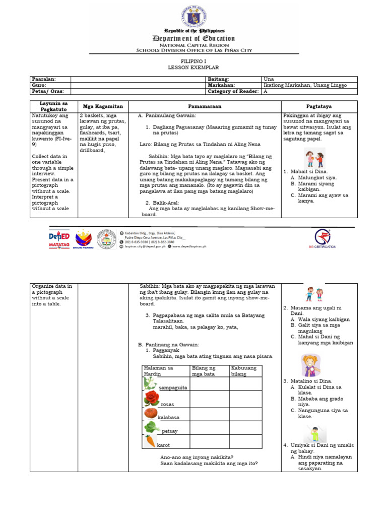Filipino-Gr1-W1-FR-Lesson Exemplar | PDF