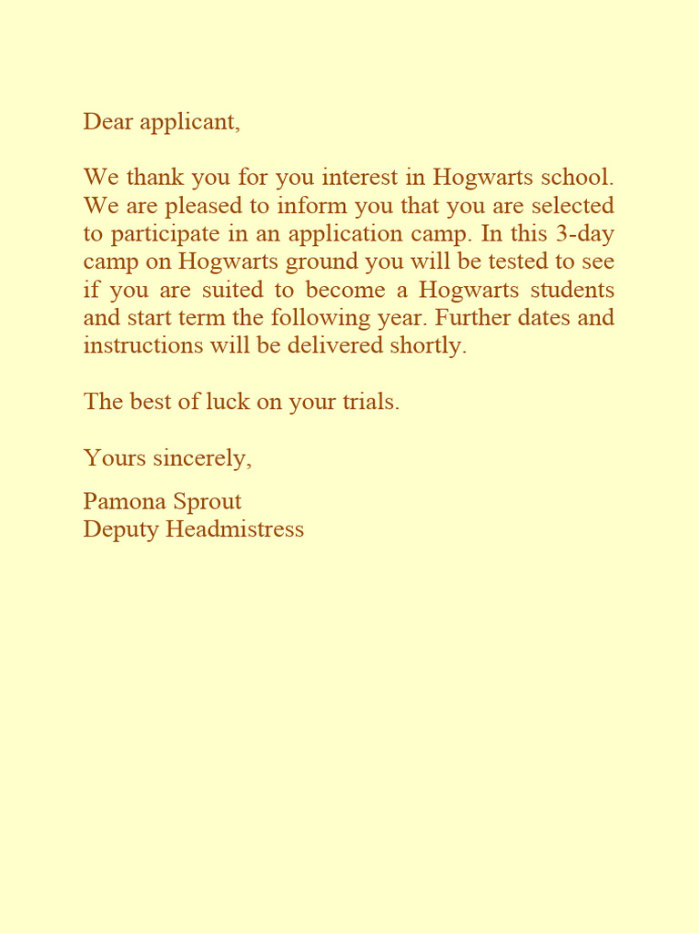 Welcome To Hogwarts - Application Letter | PDF