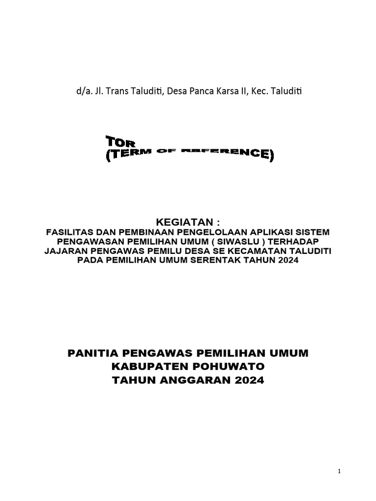 Tor Kegiatan Fasilitasi Dan Pembinaan PKD Pada Pengelolaan Siwaslu | PDF