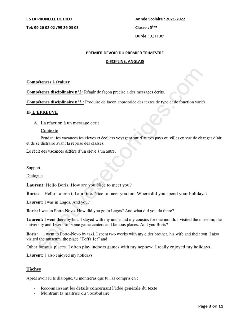 1er Devoir Du 1er Trimestre Anglais 5ème 2021-2022 Cpeg La Prunelle de Dieu | PDF