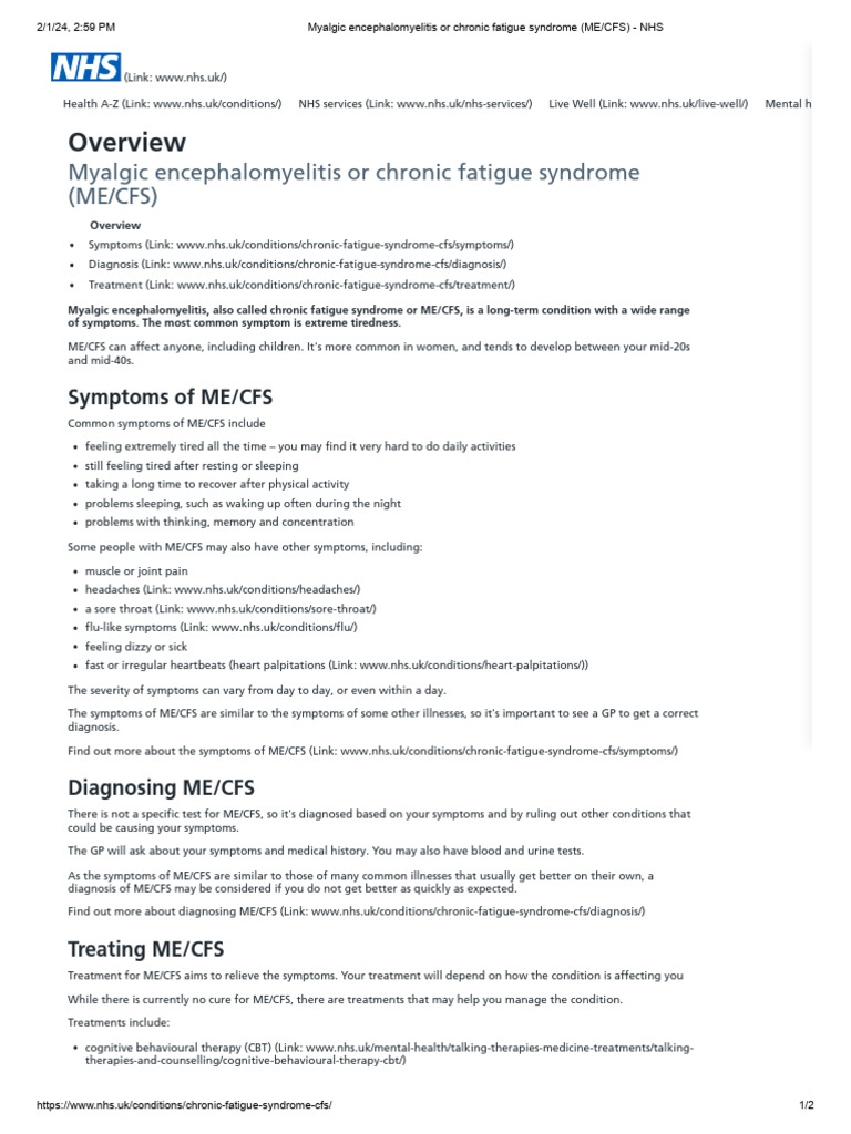 Myalgic Encephalomyelitis or Chronic Fatigue Syndrome (ME - CFS) - NHS ...