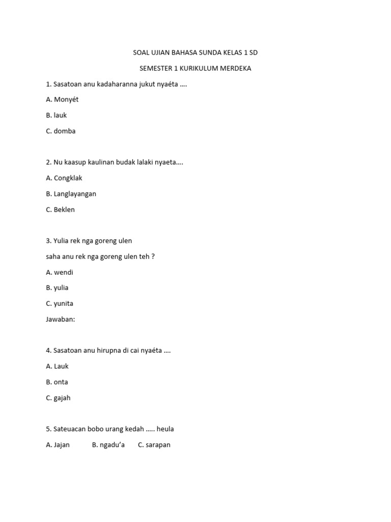 Soal Ujian Bahasa Sunda Kelas 1 SD | PDF