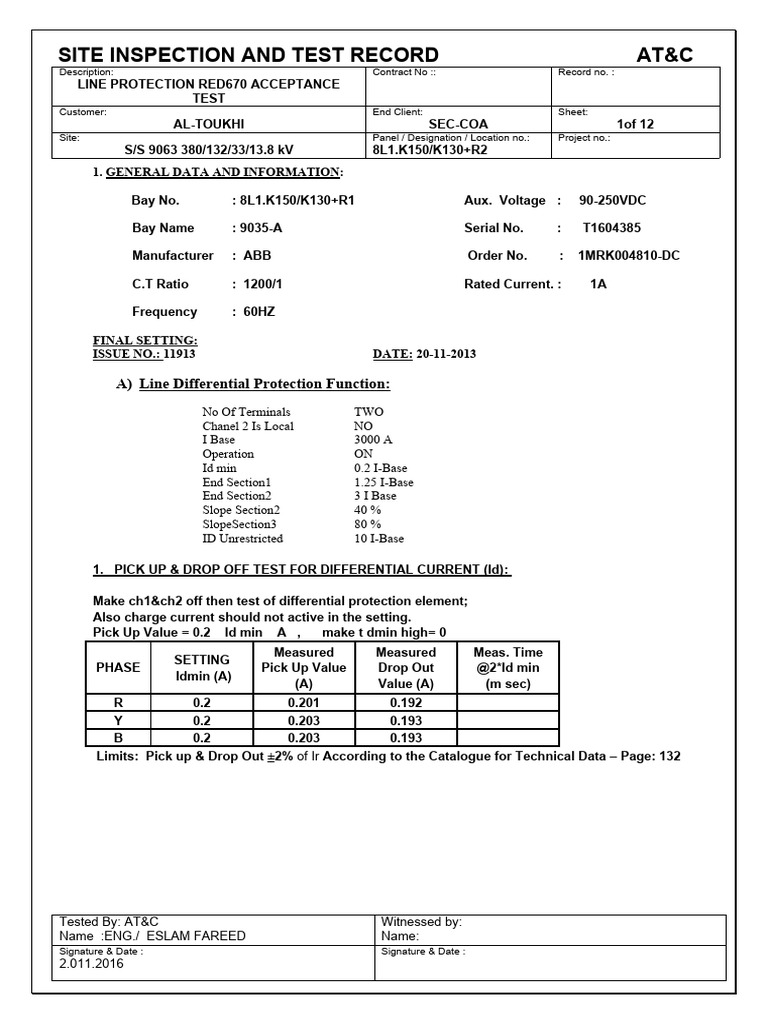 Red670 Acceptance | PDF | Electrical Engineering | Electric Power